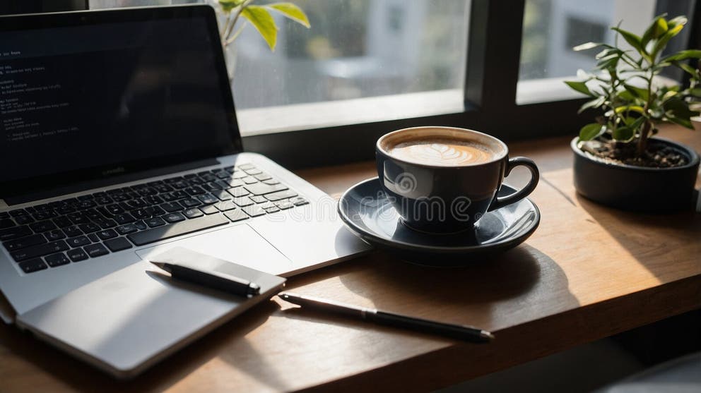 Minimal Coding Workspace with Laptop, Latte Art Coffee and Sunlight on ...