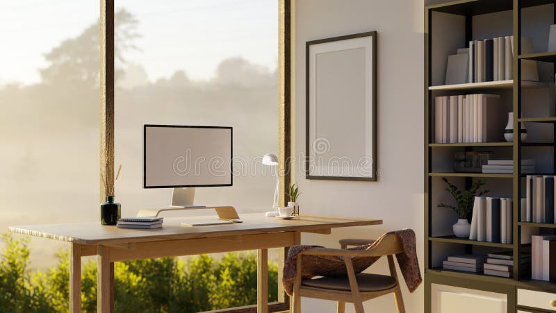Minimal and Comfortable Home Office Workspace with Computer Mockup on ...