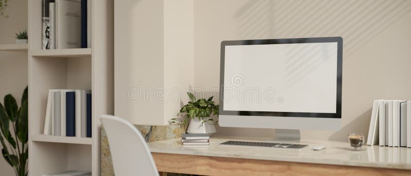 Minimal and Comfortable Home Workstation with Computer Mockup on White ...