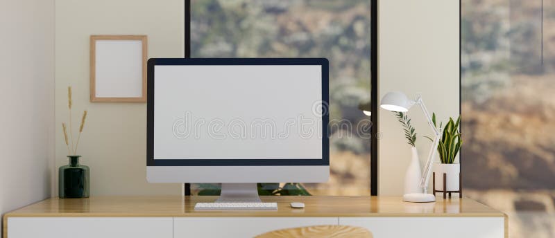 Minimal Comfortable Working Space Interior Design with Computer on ...