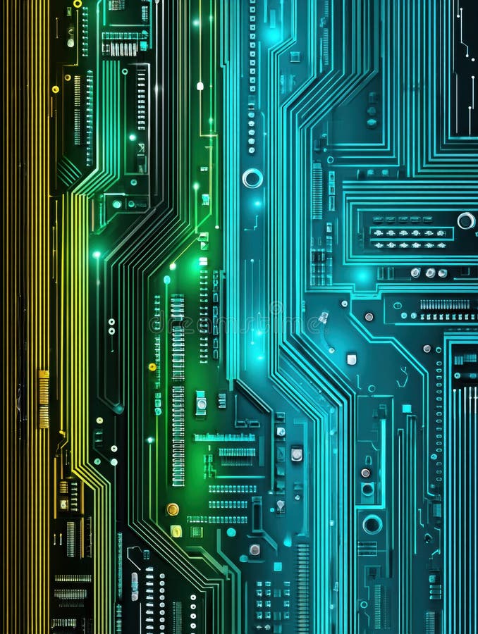 Minimal Computer Circuit Board Design in Luminous Blue and Green Neon ...