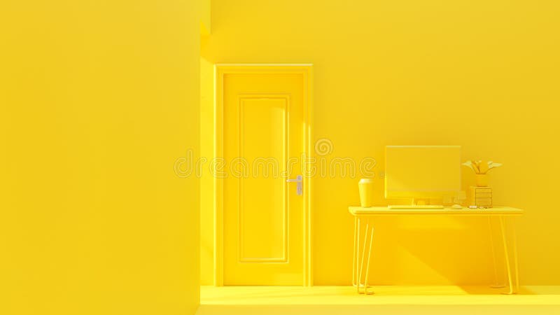 Minimal Concept, Computer on Table Work Desk Yellow Color beside the ...