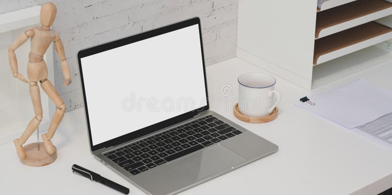 Minimal Creative Work Place with Open Blank Screen Laptop Stock Photo ...