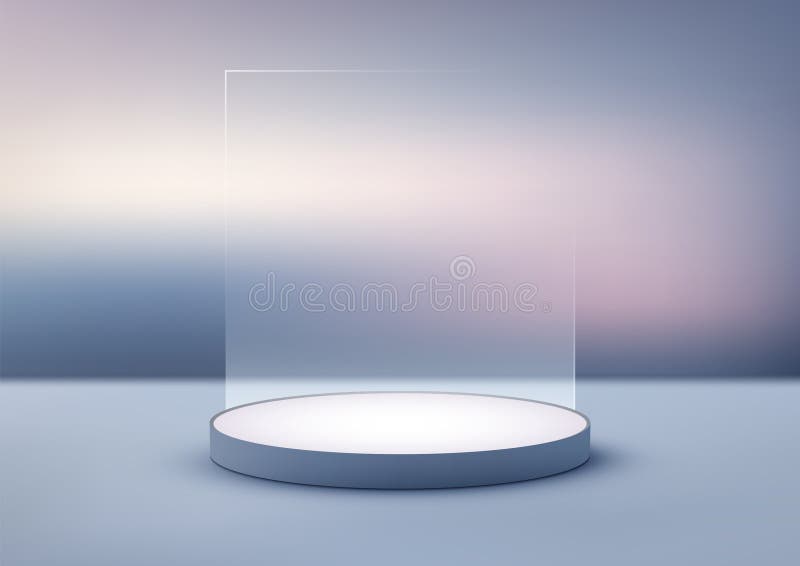 Minimal 3D Blue Podium with Square Clear Glass Backdrop on Blue Sky ...