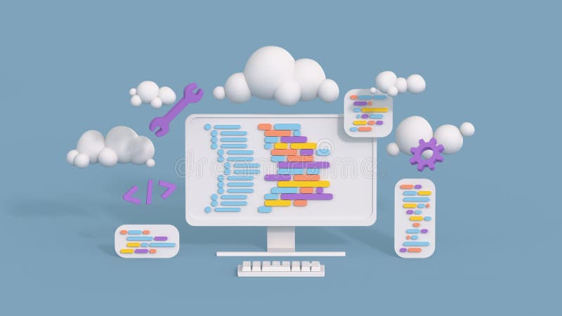 Minimal Desktop With Coding Symbols And Programming Windows 3d Illustration Stock Illustration