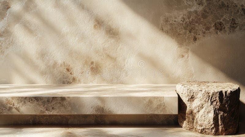 A Minimal Display Platform with Stone and Textured Wall Decor Stock ...
