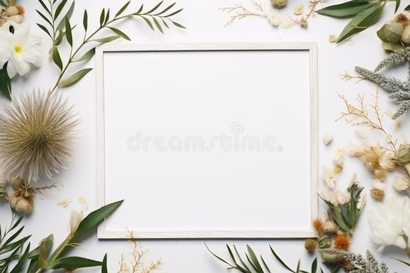 Minimal Empty Paper Card Mock Up with Dry Leaves and Wild Flowers ...