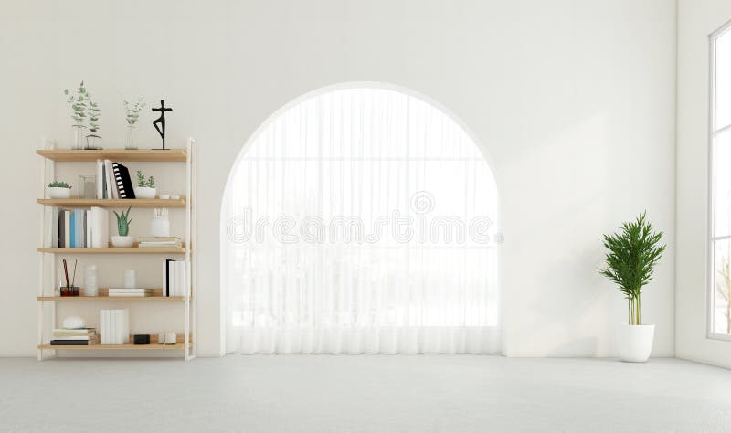 Minimal Empty Room with Arched Window and White Wall, Bookshelf. 3D ...