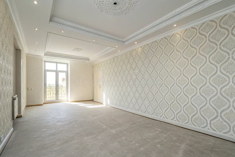 Minimal Empty Room with White Patterned Wall Stock Image - Image of ...