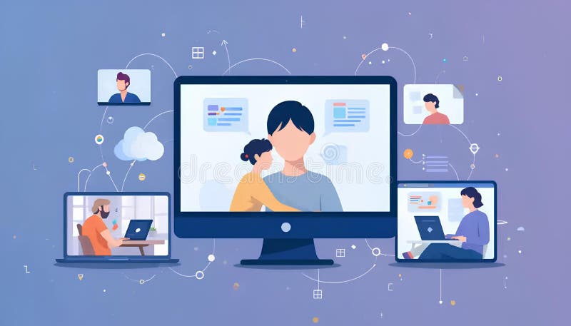 Minimal Flat Design of Remote Teamwork, People Working Together Virtually on Devices, Connected ...
