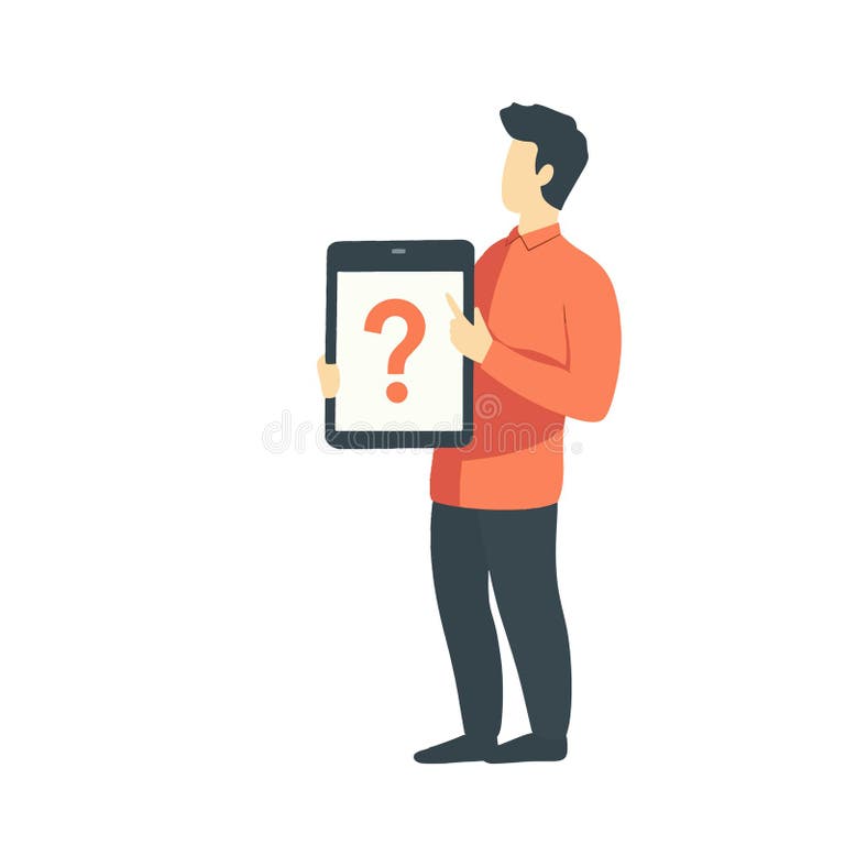 Minimal Flat Man Holding a Tablet with a Question Mark on the Screen ...