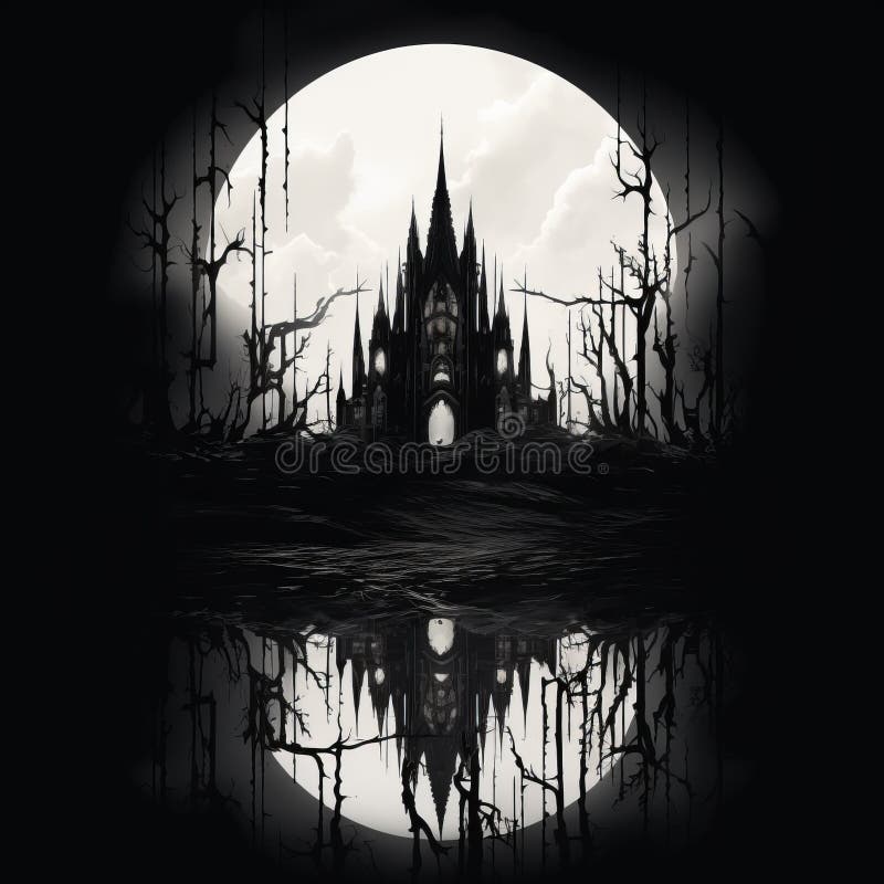 Minimal Gothic Art: Moon Castle with Macabre Trees Stock Illustration ...
