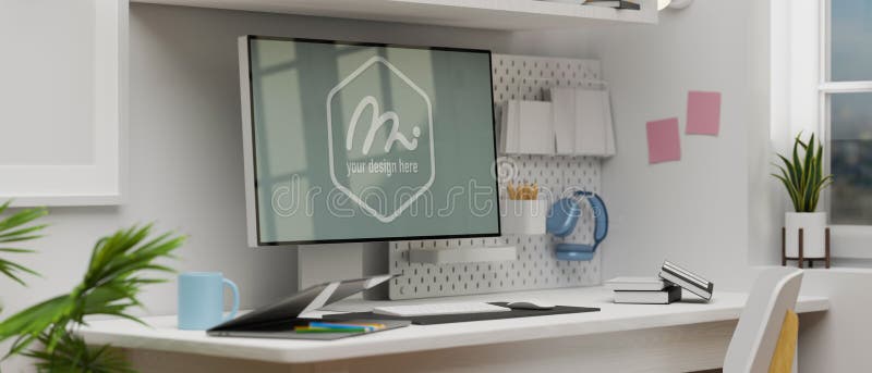 Minimal Home Office Interior with Computer, Supplies, Stationery and ...