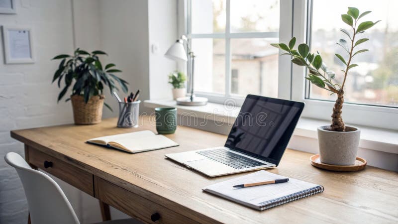 Minimal Home Office Setup with Wooden Desk Stock Image - Image of clean ...