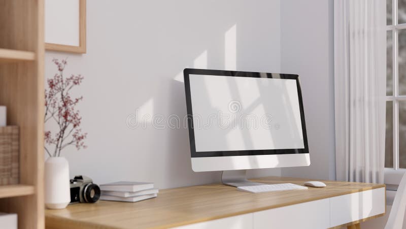 Minimal Home Working Space Interior with Computer Blank Screen Mockup ...