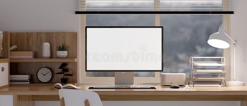 Minimal Home Workstation with PC Computer Mockup, Table Lamp, Document Tray and Decor Stock ...