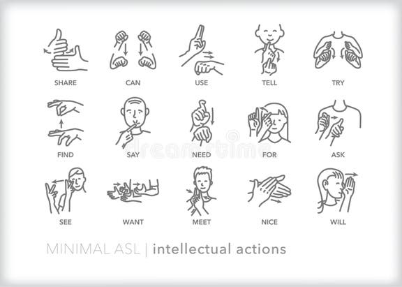 American Sign Language (ASL) Intellectual Action Icon Set Stock Vector ...