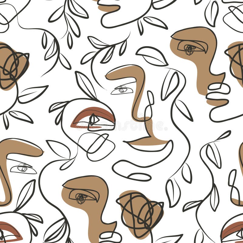 Minimal Human Face Drawing, Scribbles, Leaves, Blob Abstract Seamless ...