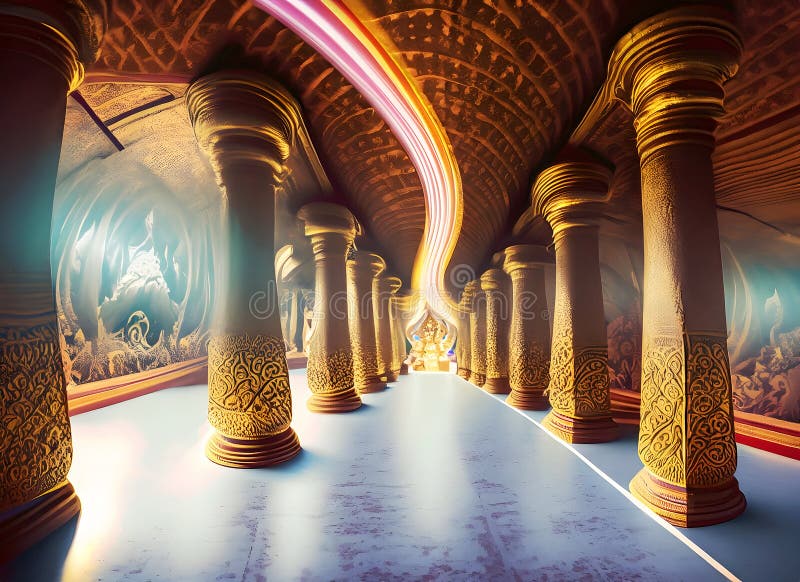 Minimal Inside Empty Thai Temple, Light Swirling Lines on Digital Art ...
