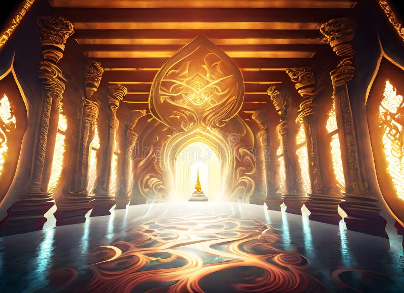 Minimal Inside Empty Thai Temple, Light Swirling Lines on Digital Art ...