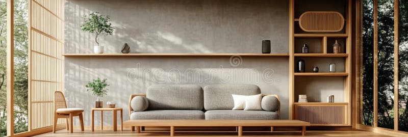 Minimal Japandi Living Room Interior Featuring Modern Sofa, Bookcase, and Zen Decor Elements ...