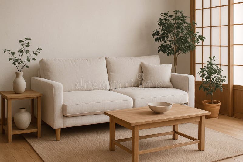 Minimal Japandi Living Room with Natural Oak and Soft Textures Stock ...