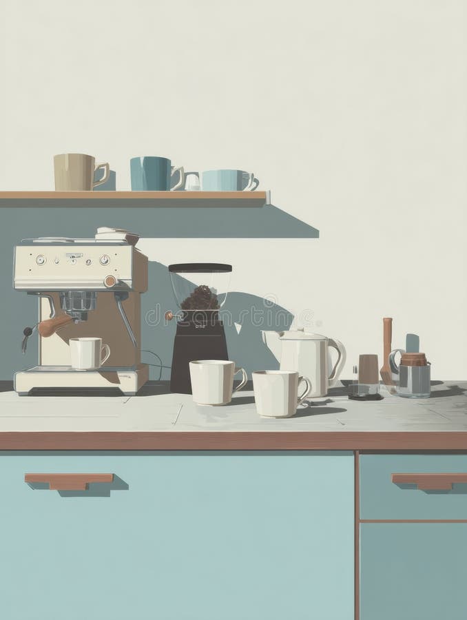 Minimal Kitchen Counter Featuring Coffee Grinder, Cups, and an Espresso ...