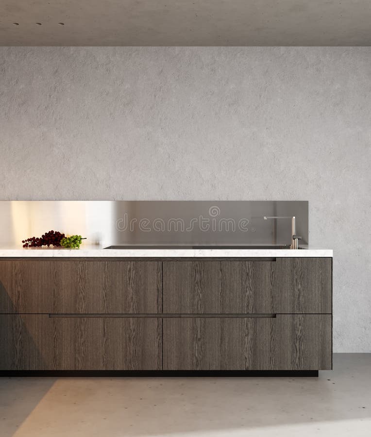 Minimal Kitchen Interior in Beige Color, Concrete and Wood Material, 3d ...