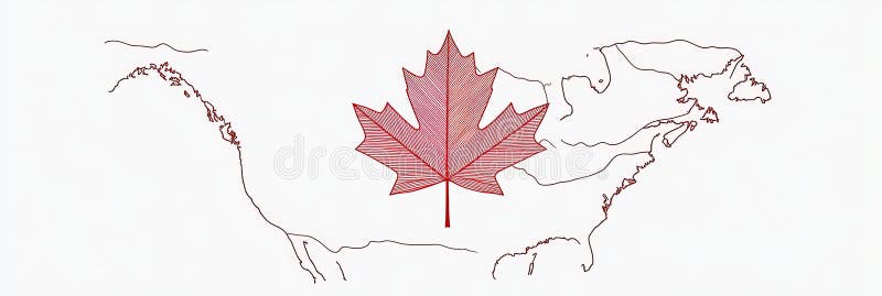 Minimal Line Art Map of Canada Featuring a Central Red Maple Leaf for ...