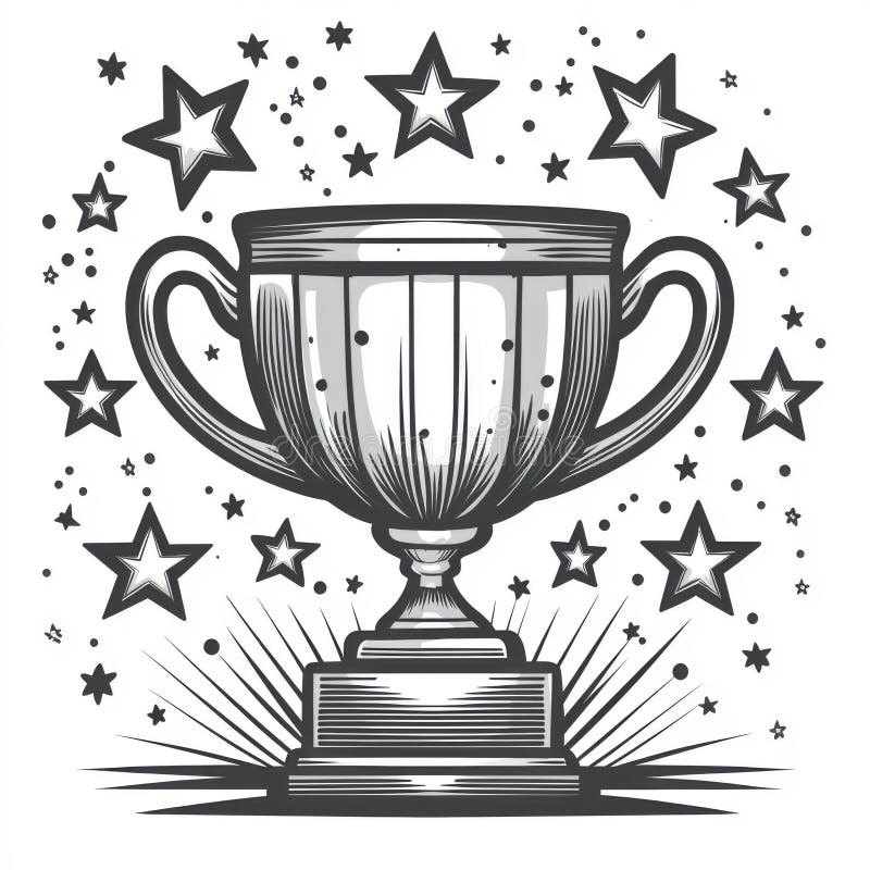 Minimal Line Art Trophy Surrounded by Stars, Symbolizing Achievement ...