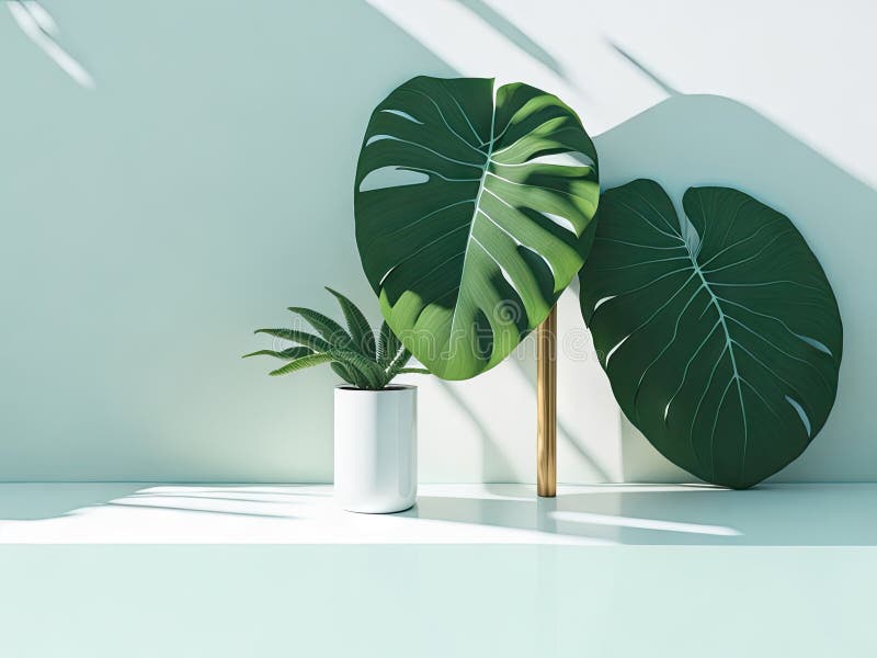Minimal Modern White Stone Counter Table Tree Palm Leaves. Ai ...