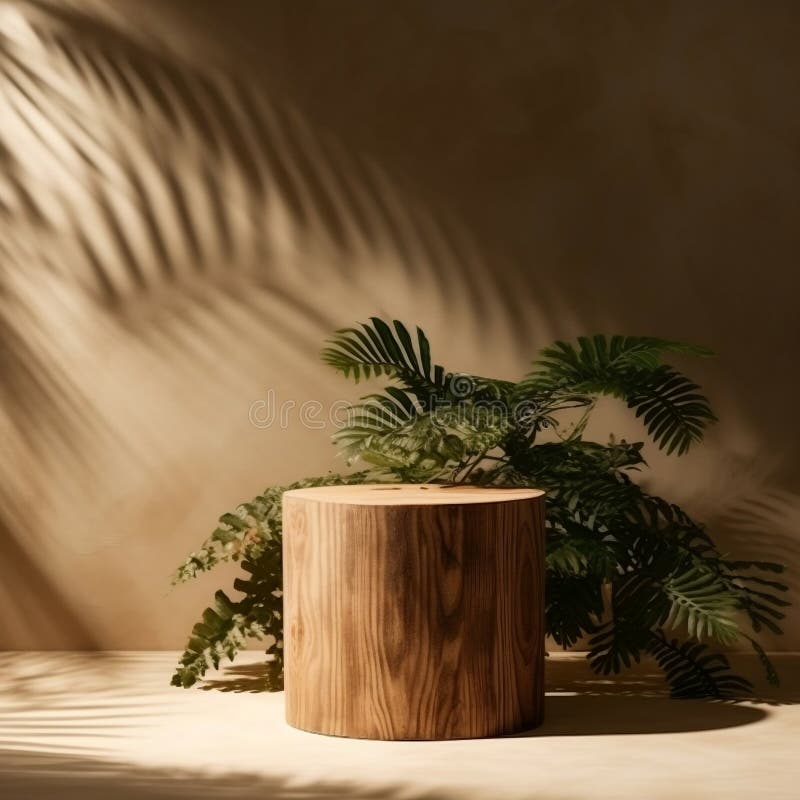 Minimal Natural Log Wood Podium Table in Dappled Sunlight. Generative ...