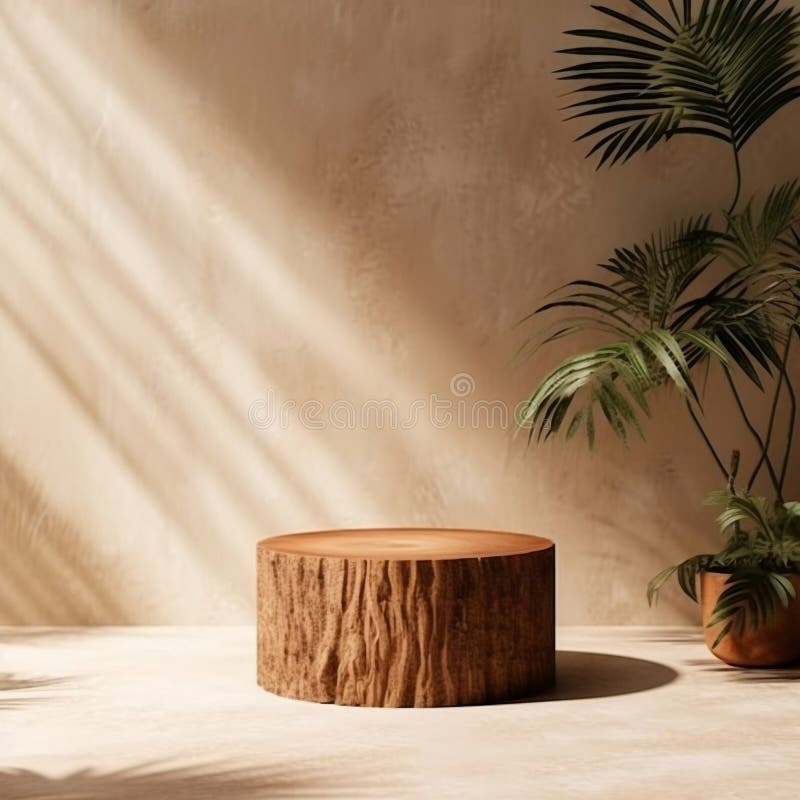 Minimal Natural Log Wood Podium Table in Dappled Sunlight. Generative ...