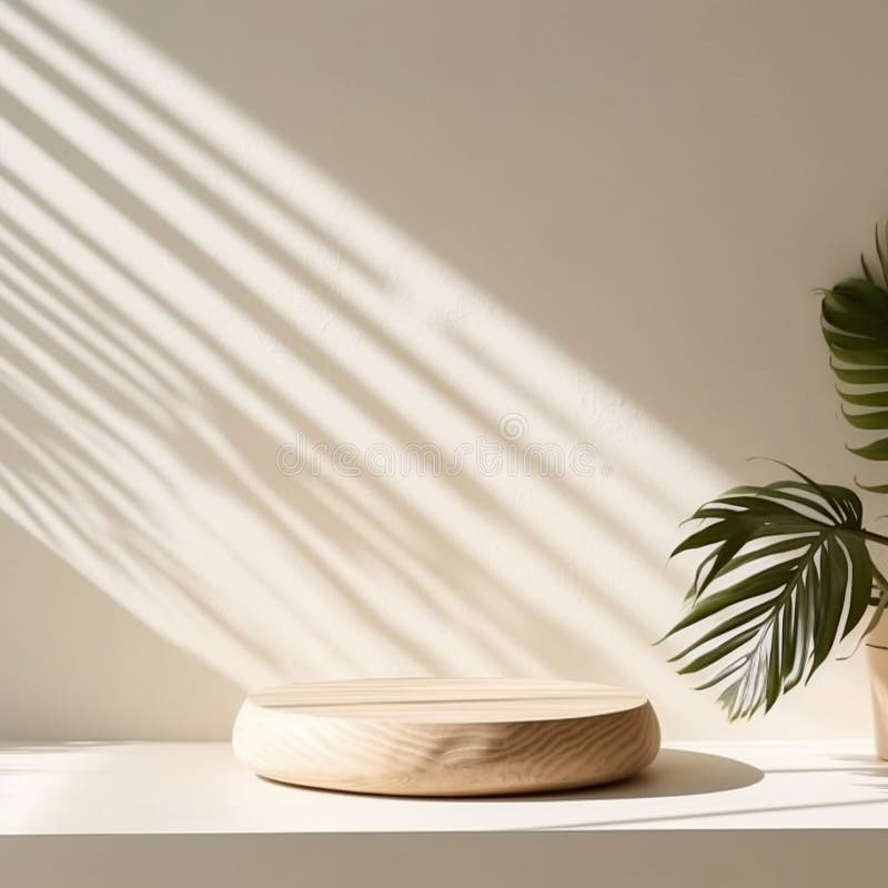 Minimal Natural Log Wood Podium Table in Sunlight with Palm Shadows ...