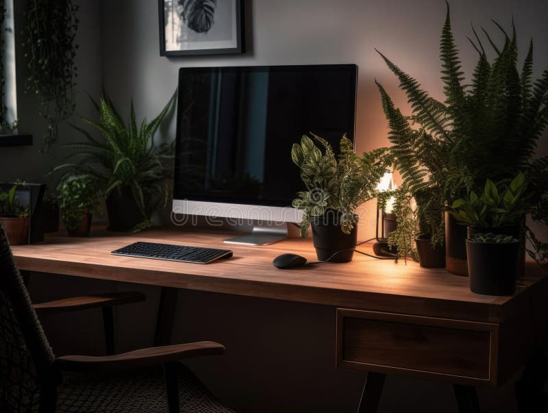 Minimal Office with Computer Plants Stock Illustration - Illustration ...