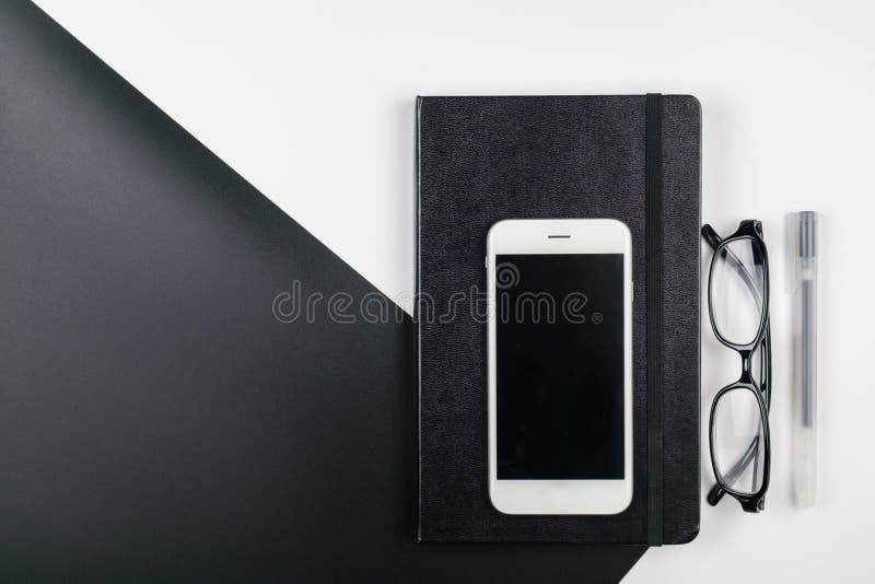 Minimal Office Desk with Notebook and Mobile Phone Stock Photo - Image ...