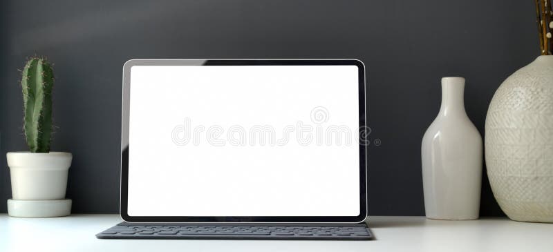 Minimal Office Room with Blank Screen Laptop Computer with Ceramic ...