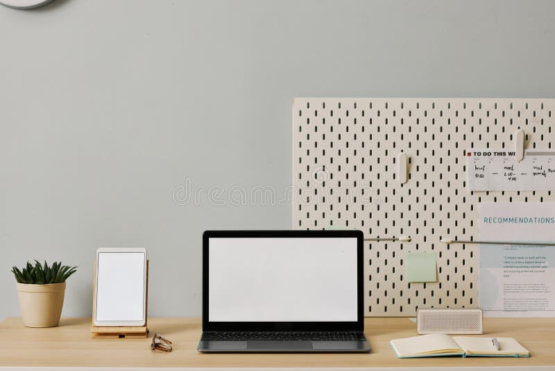 Minimal Office Setup with Laptop Screen Mockup on Desk Stock Photo ...