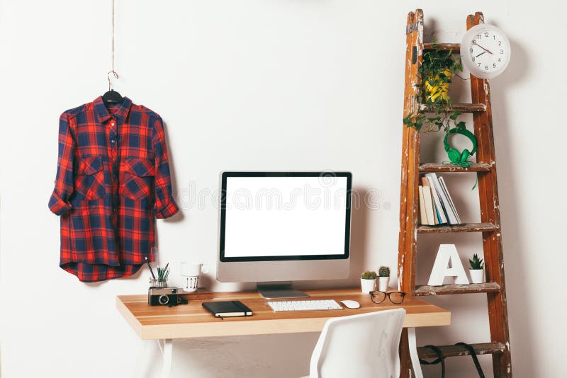 Minimal Office on White Background. Stock Image - Image of plant ...