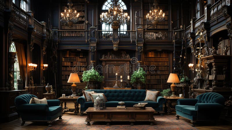 A Minimal Ornamental Bookshelves Library Luxury Sofa Dark Themed ...