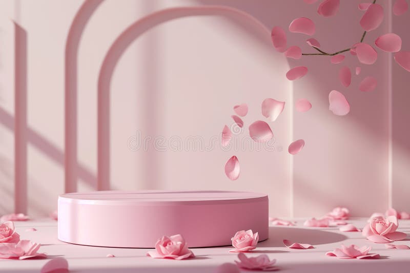 Minimal Pink Beauty Podium with Falling Petals for Cosmetic ...