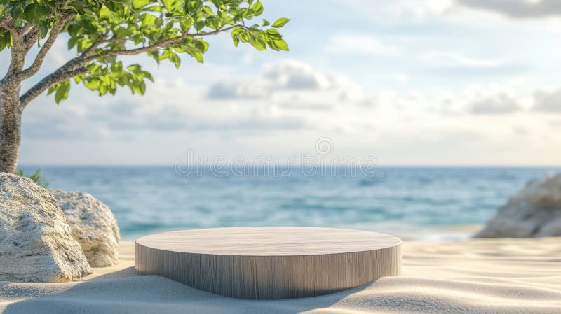 Minimal Podium of Tree Wood and Stone on a Sandy Beach Ideal for ...