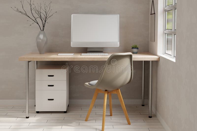 Minimal Scandinavian Working Space with Desktop Computer Mockup on ...