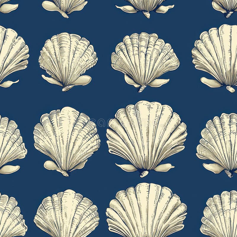 Minimal Seashell Patterns in Soft Beige Tones on Deep Blue Background ...