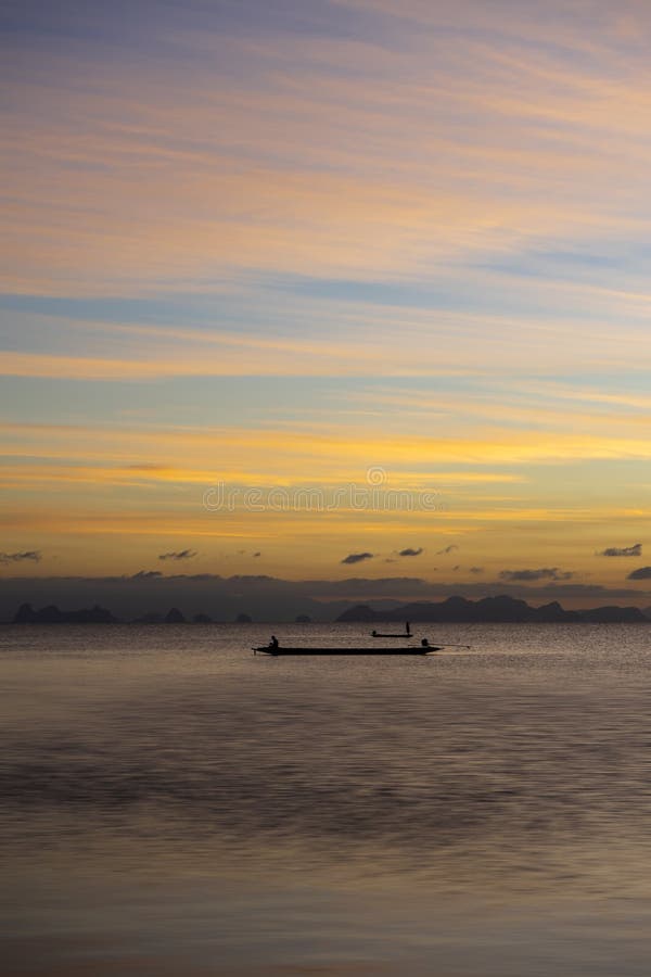 Minimal Silhouette Fishermans on the Lake with Twilight Sky Stock Image ...