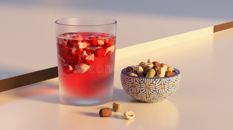 Minimal Snack Setup with Red Drink and Bowl of Seeds or Nuts Stock ...