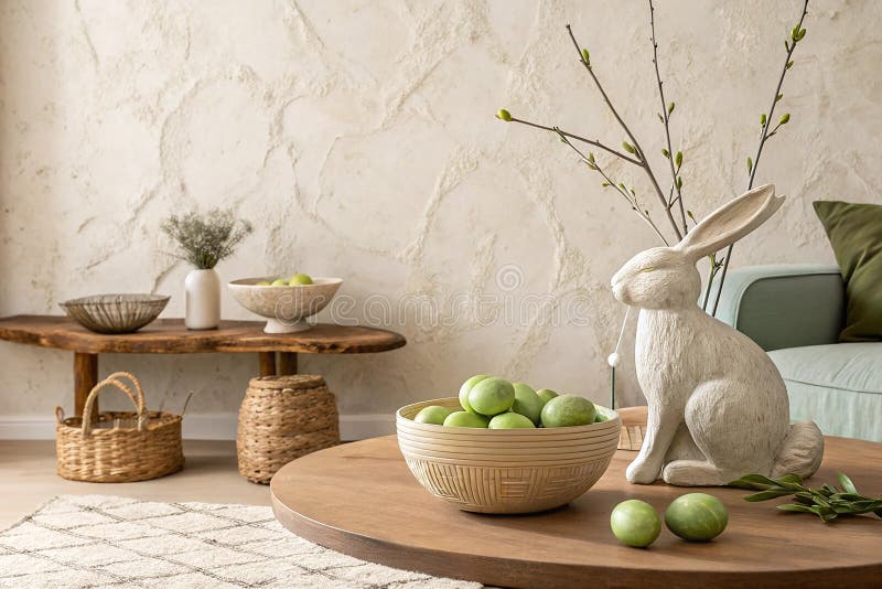 Minimal Spring Easter Living Room Beige Wall, Bunny Sculpture, Green ...