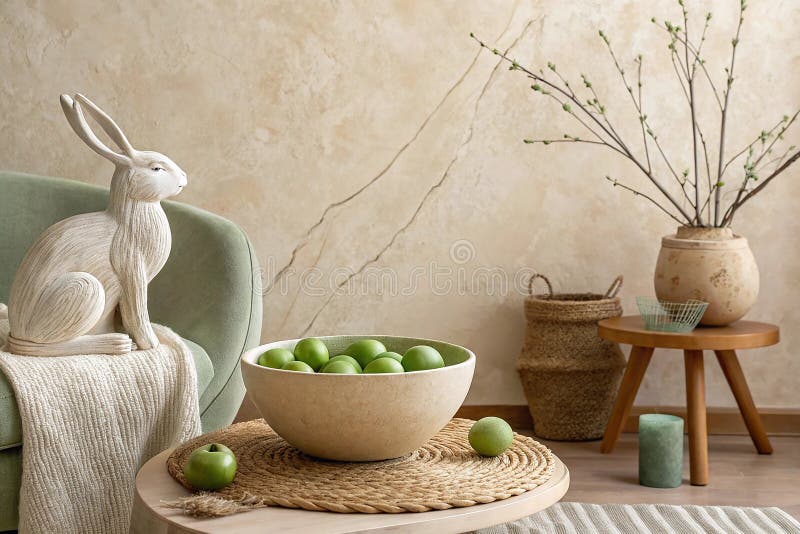 Minimal Spring Easter Living Room Beige Wall, Bunny Sculpture, Green ...