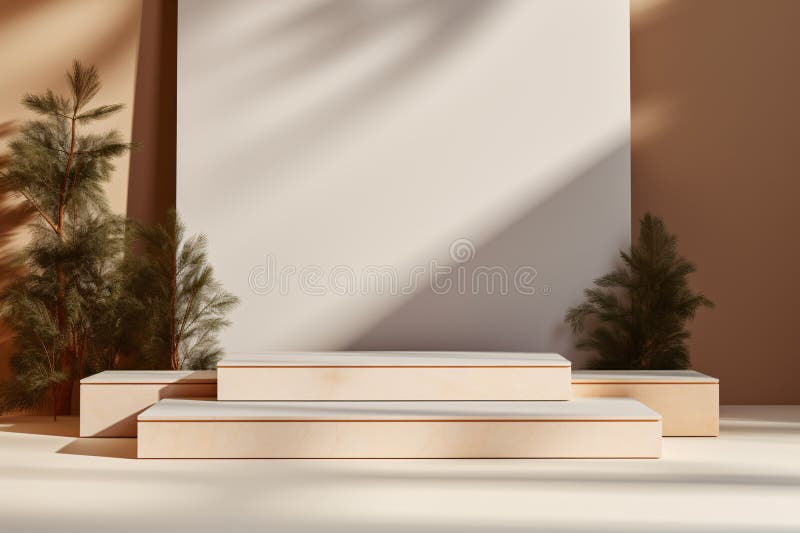 Minimal Stage Mockup, White Podiums on Beige with Pine Tree Shadows ...