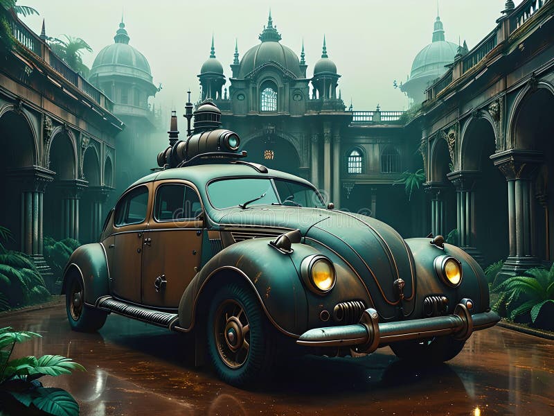 Minimal Steampunk Vehicle: Robotic 40s Car with Gothic Architecture ...